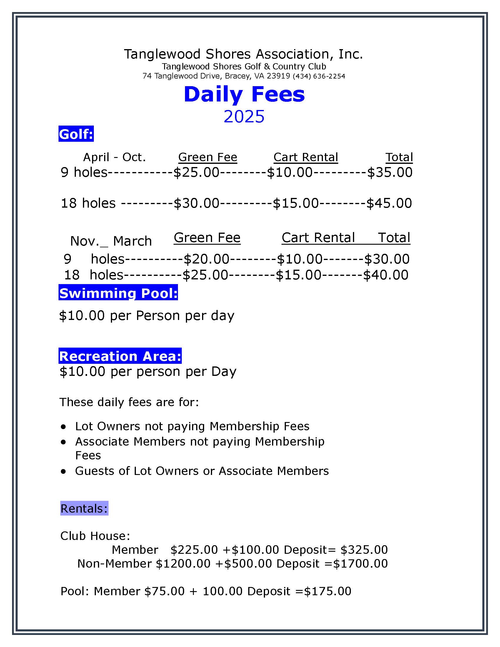 Greens Fees/Pool & Rec. Area | Tanglewood Shores Golf and Country Club
