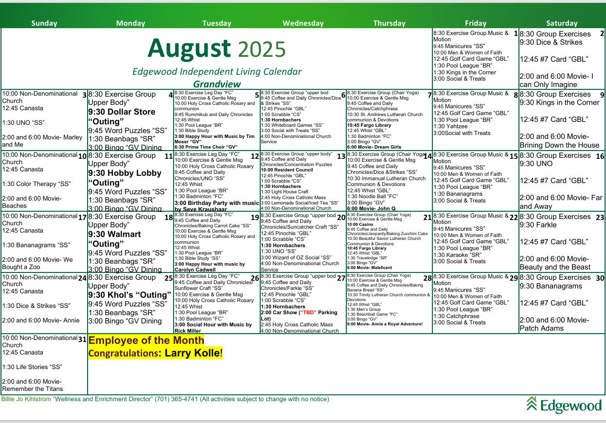 Edgewood Vista Calendar | Edgewood Village Fargo