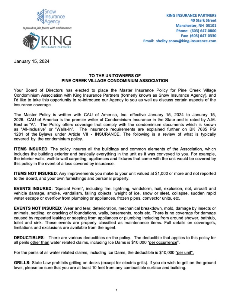 ASSOC. INSURANCE SUMMARY | Pine Creek Village