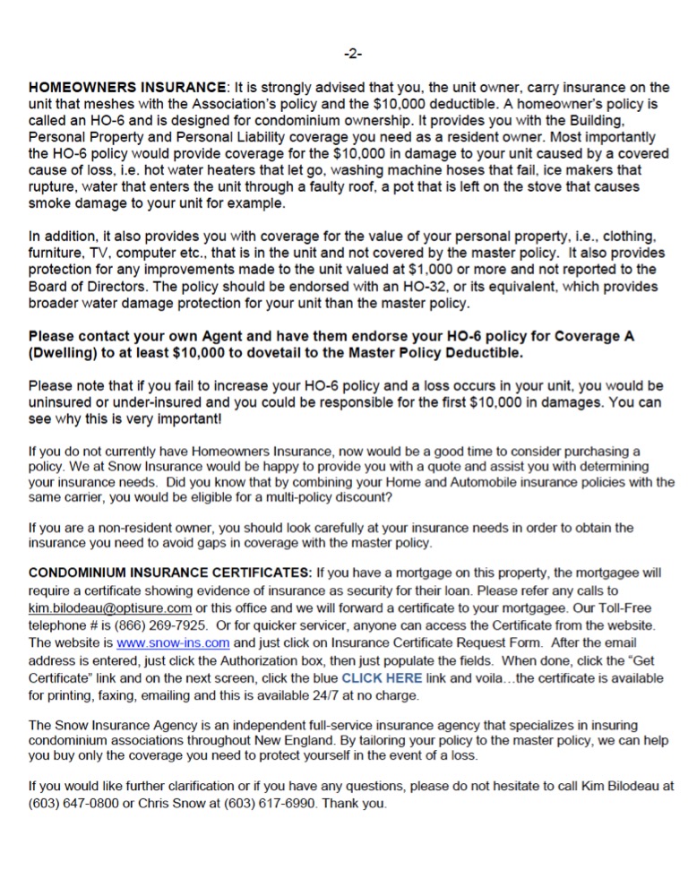 ASSOC. INSURANCE SUMMARY | Pine Creek Village