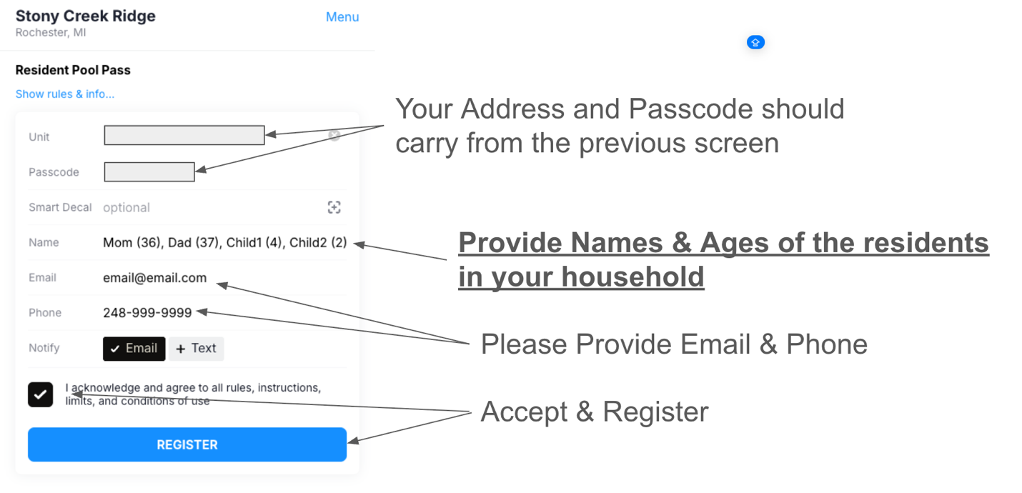 Pool Pass Registration Info | Stony Creek Ridge