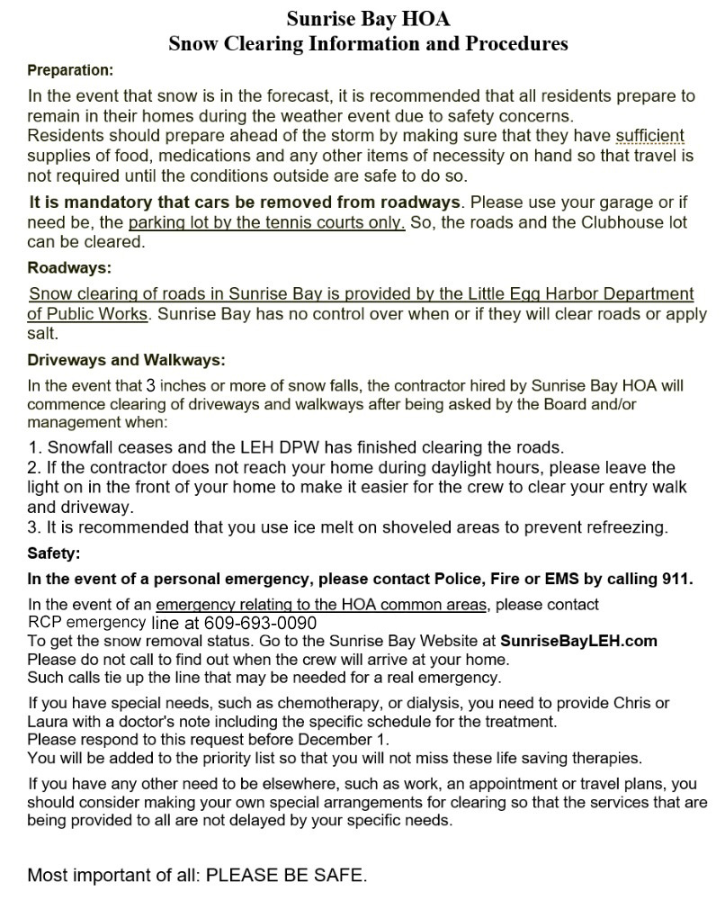 Snow Clearing Procedures | Sunrise Bay