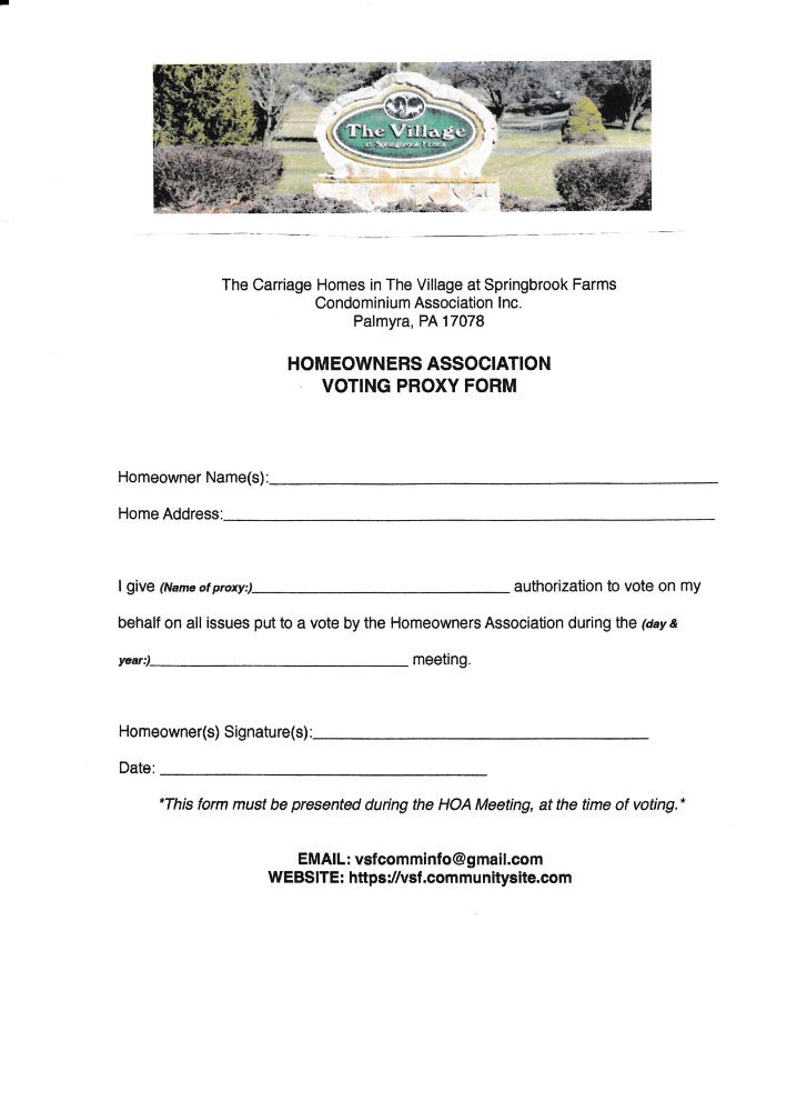 Proxy Voting Form | The Village at Springbrook Farms - Carriage Homes